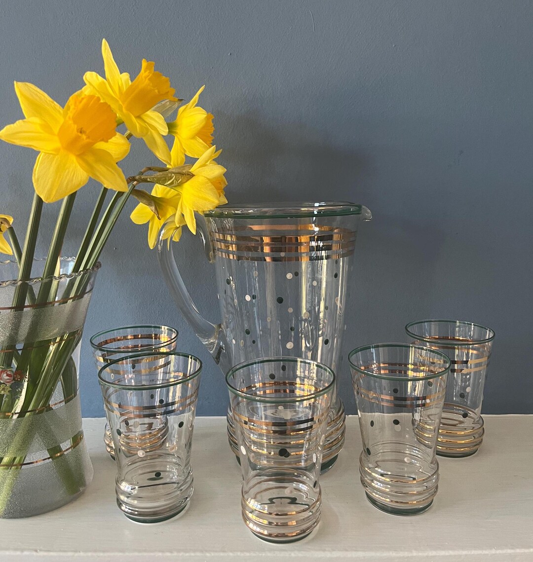 Beautiful Vintage Mid Century Retro Glass Pitcher Jug and Five Vintage ...