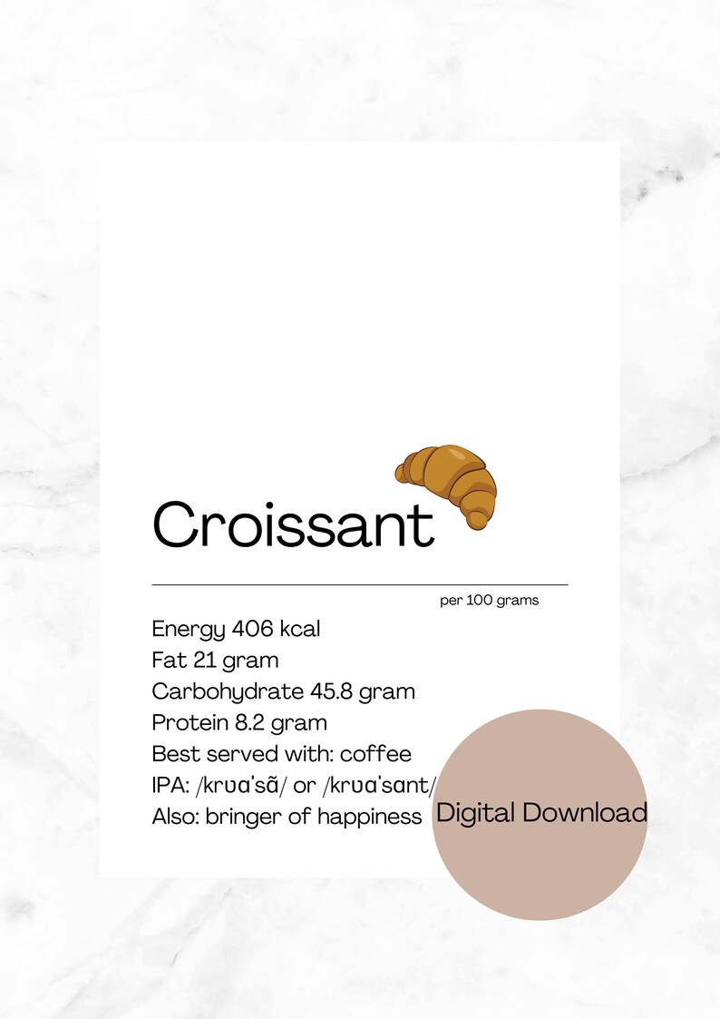 Croissant Nutrition Facts Poster Kitchen Print Cafe Art Print Croissant ...