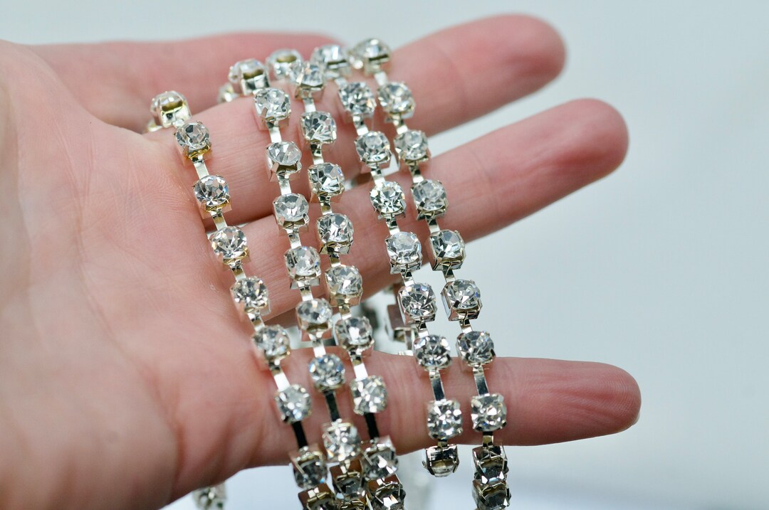 3mx5mm Rhinestone Trim Chain Single Row SOLD PER METER, Silver With ...