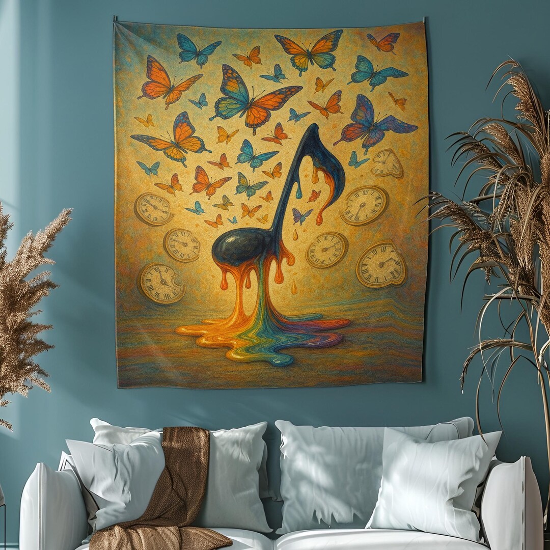 Melting Music Note Tapestry: Rainbow Drip, Surreal Butterfly Clock Art ...