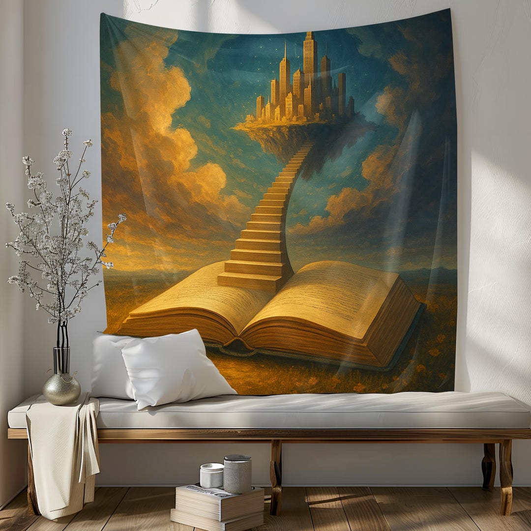 Floating City Tapestry: Surreal Book Staircase Wall Art - Etsy