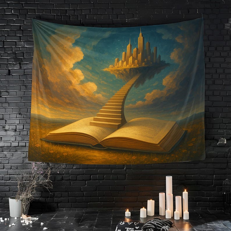 Floating City Tapestry: Surreal Book Staircase Wall Art - Etsy