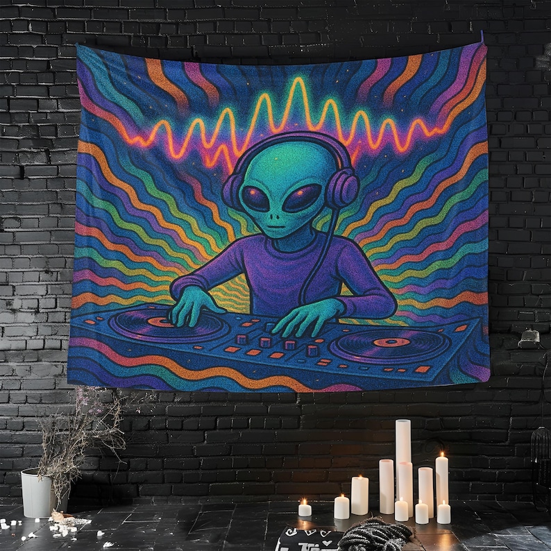 Alien DJ Tapestry: Psychedelic Space Music Rave Decor - Etsy