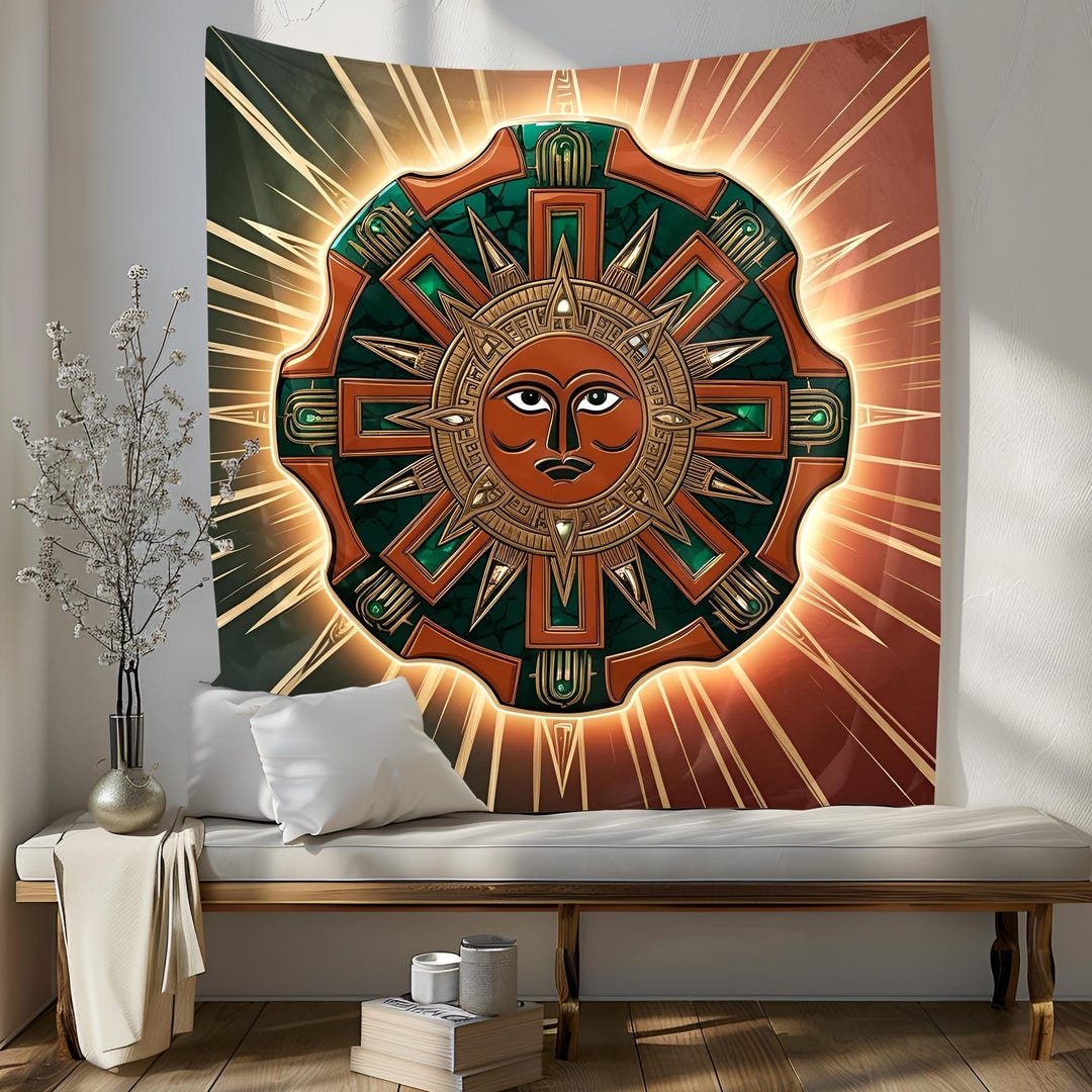 Aztec Sun Stone Tapestry: Tribal Jaguar, Geometric Art - Etsy