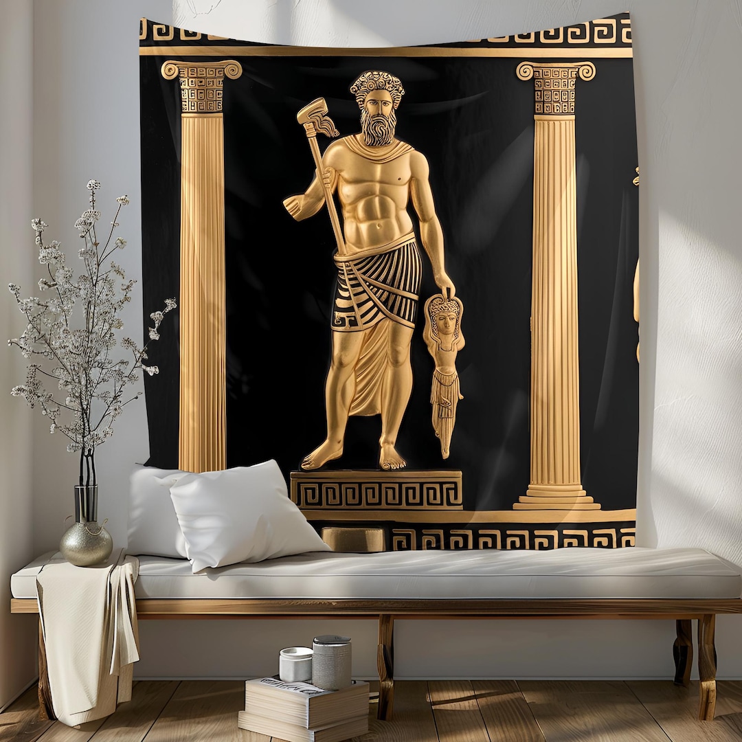 Ancient Greek Tapestry With Meander Motifs, Ionic Columns, Zeus ...