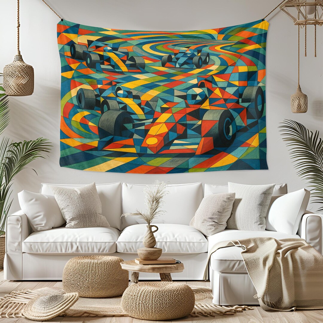 Digital Art Geometric F1 Racing Tapestry: Abstract Formula Car Wall Art ...