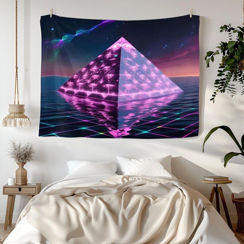 Neon Crystal Pyramid Tapestry: Cosmic Light Prism, Geometric Art - Etsy