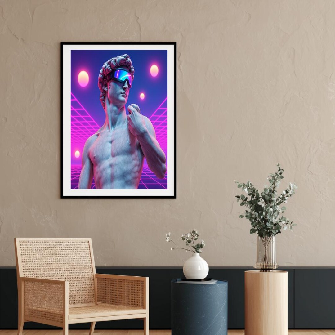 Vaporwave David Statue Framed Canvas Print, Retro 80s Neon Art Digital ...