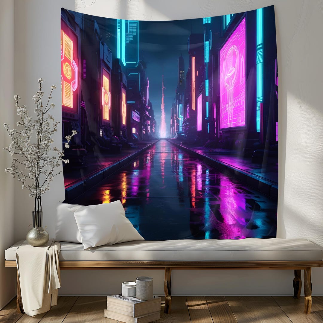 Futuristic Cyberpunk City Tapestry, Neon Holograms, Psychedelic ...