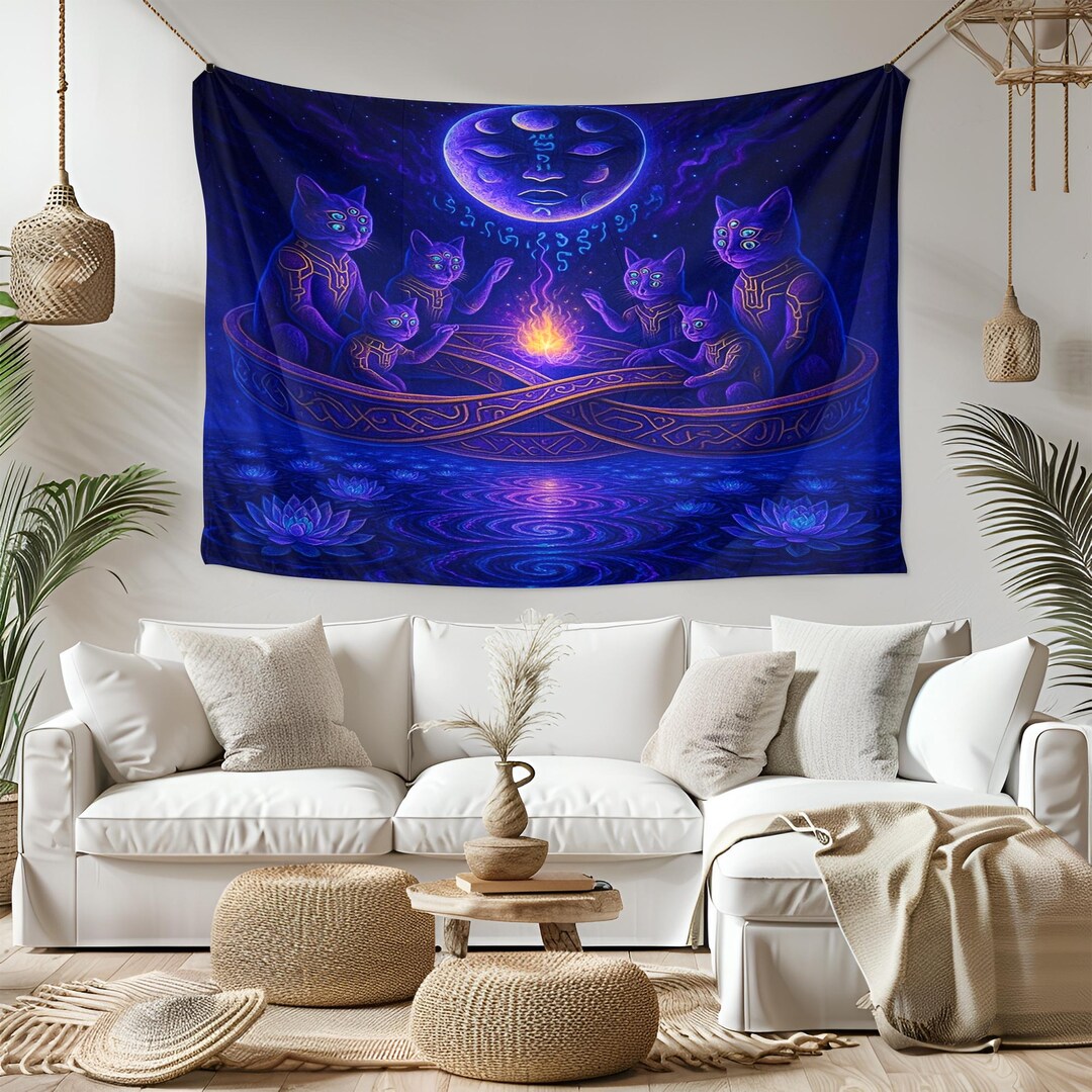 Mystic Cat Tapestry – Trippy Cosmic Cats Wall Art, Spiritual Fire ...