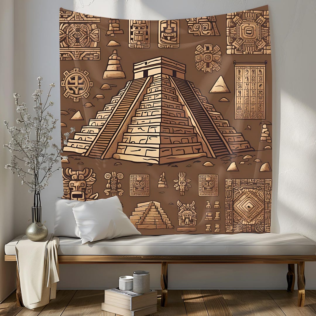 Seamless Mayan Tapestry With Pyramids, Calendar Symbols & Intricate ...