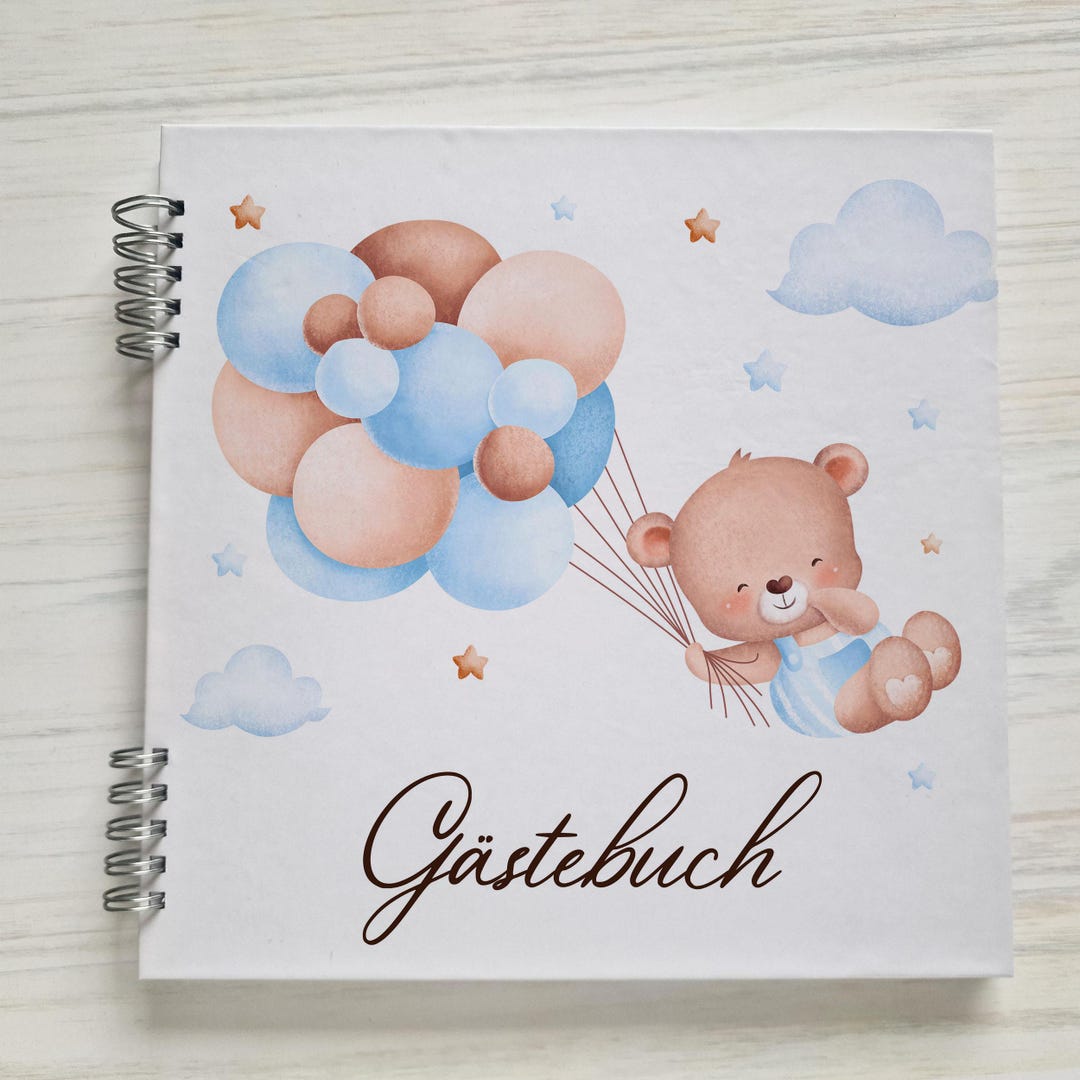 Blue Teddy Bear With Balloons Guest Book - Boy Birthday or Baptism ...