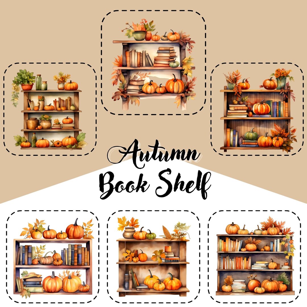 Autumn Bookshelve Watercolor Clipart, Library Interior Bundle, Cozy ...