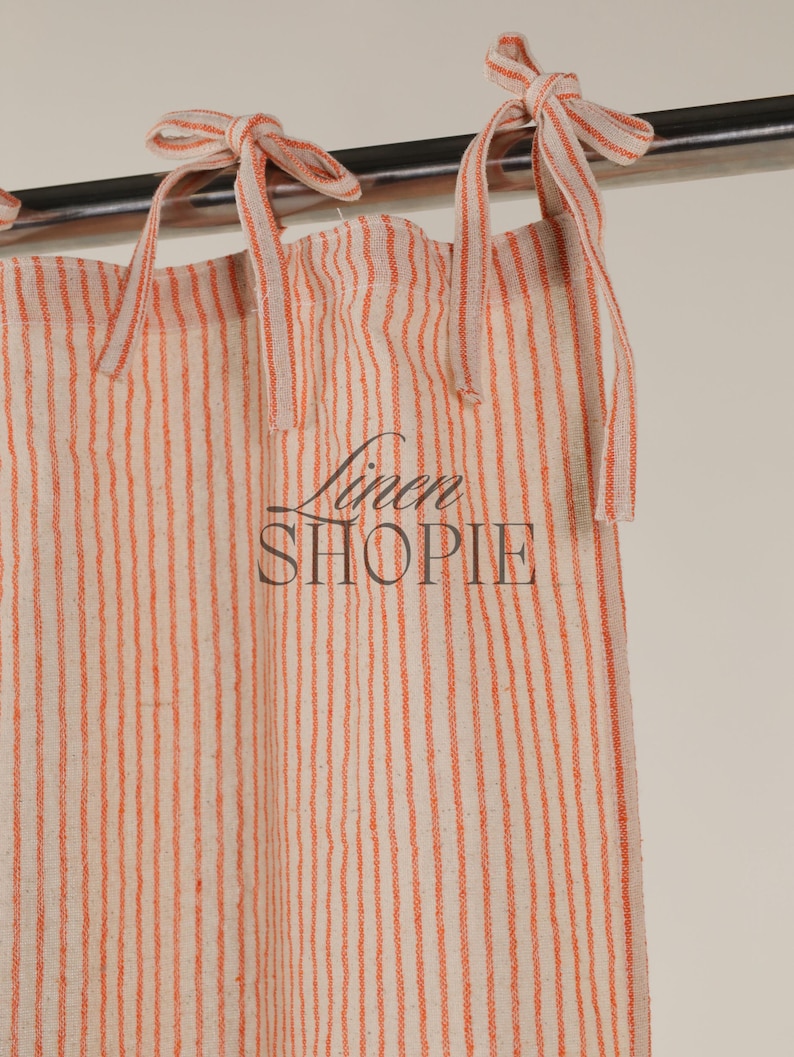 Light Filtering Cafe Linen Curtains, Striped Curtains With Tie Tops ...