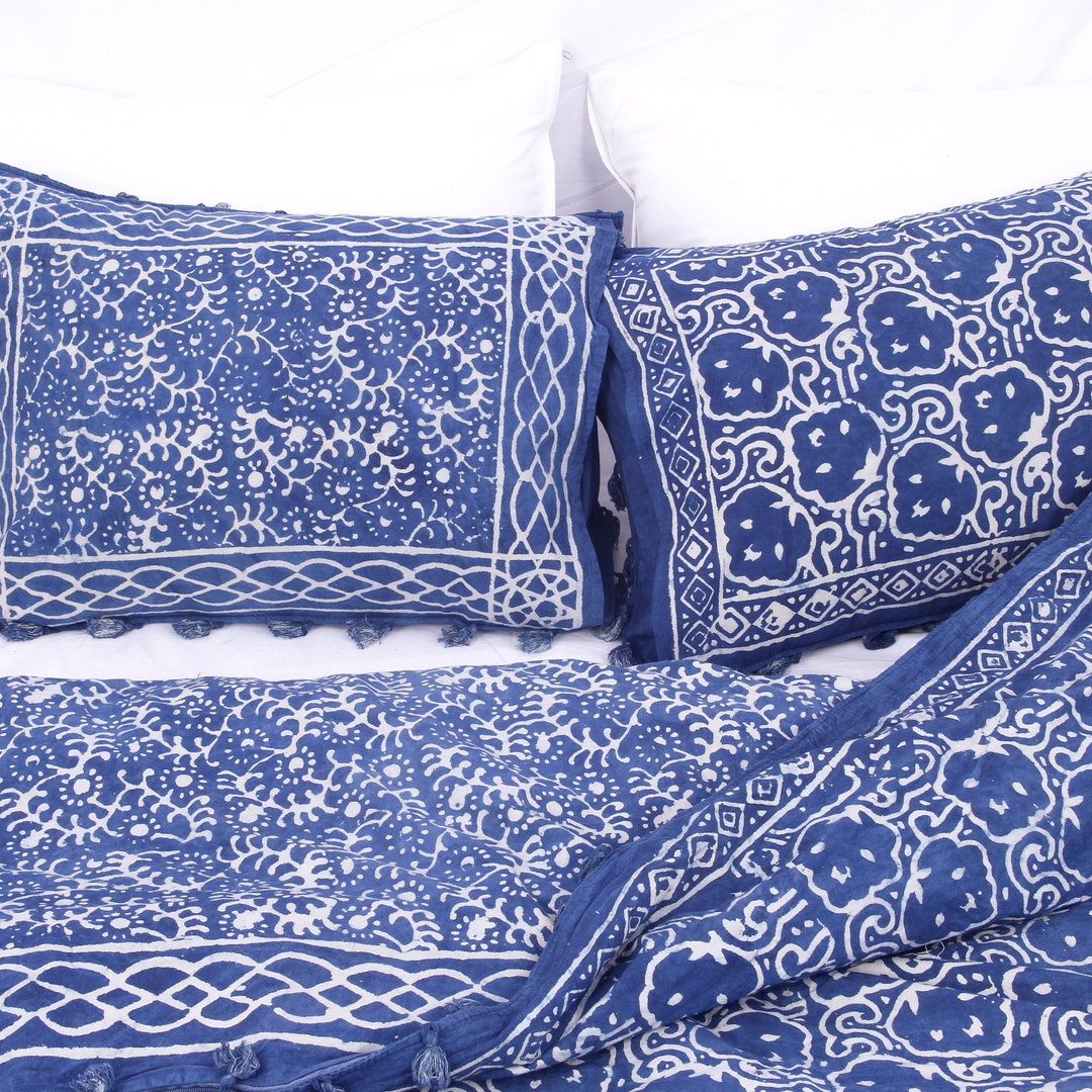 DOUBLE SIDED Indigo Blue Duvet Cover/ 100% Cotton Reversible Comforter ...