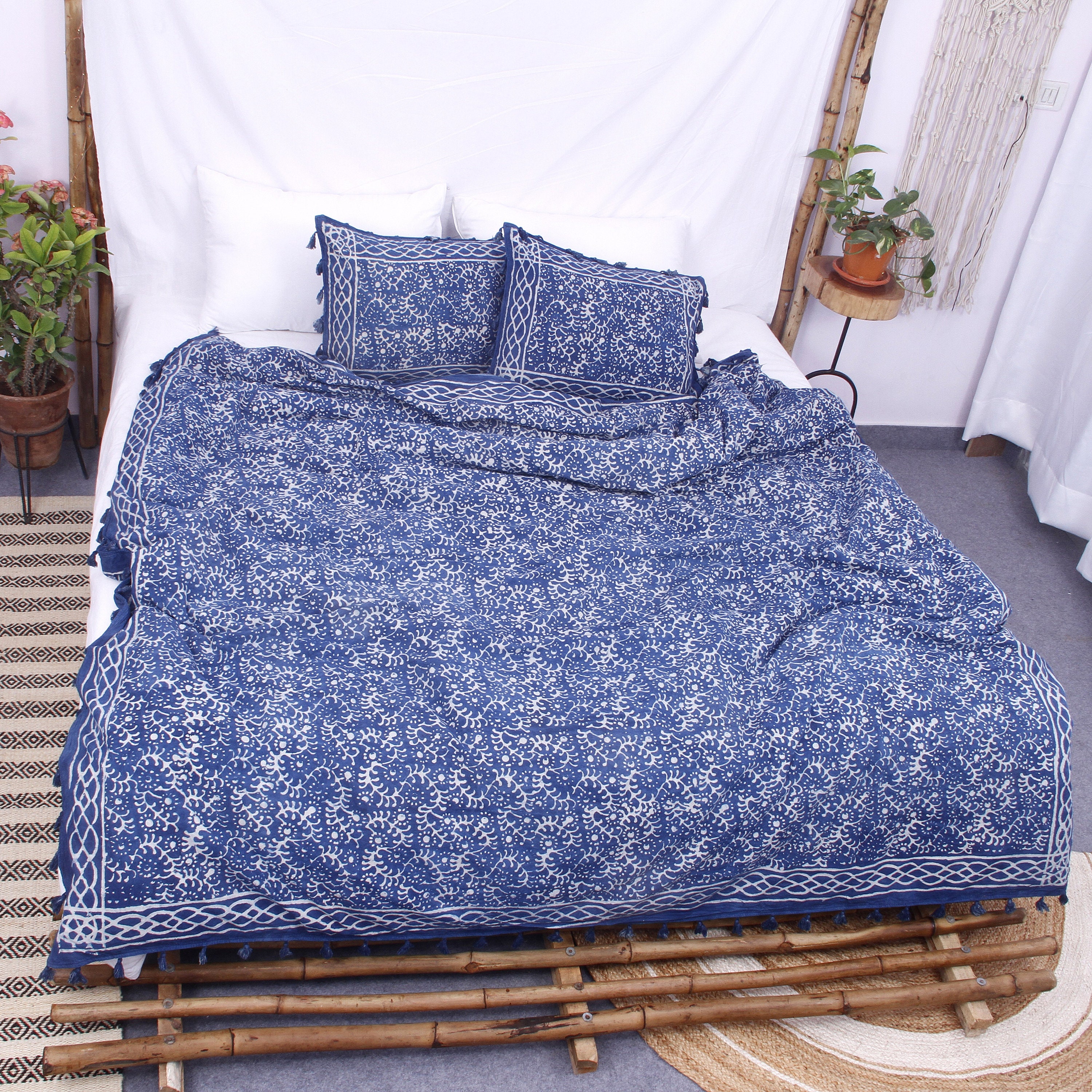 DOUBLE SIDED Indigo Blue Duvet Cover/ 100% Cotton Reversible Comforter ...