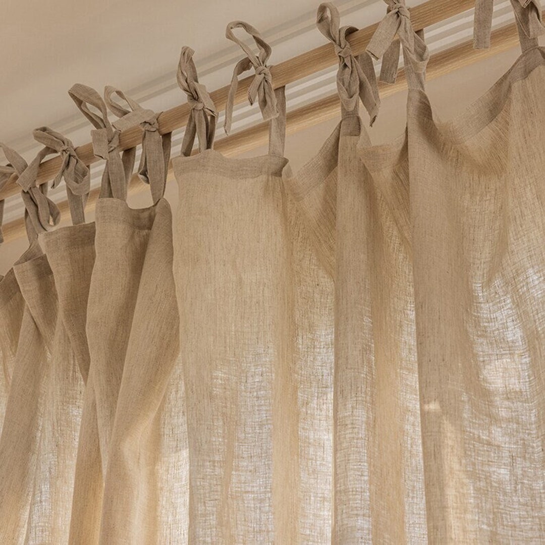 Natural Linen Stone Washed Tie Top One Panel Curtain Bed Canopy Curtain ...