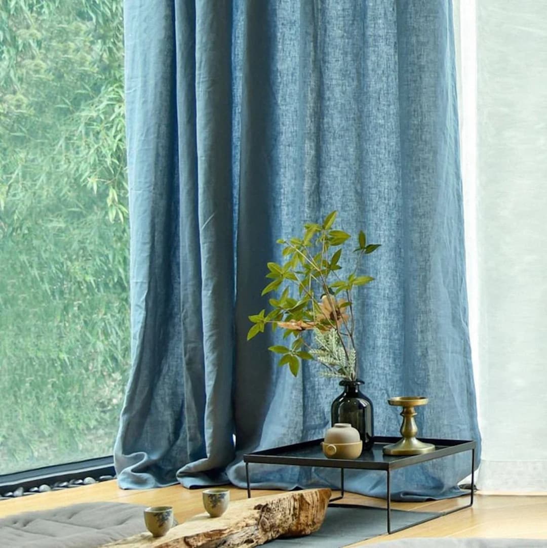Sea Blue Stonewashed 8 Colors / Pair Pure Cotton Panels Custom Window ...