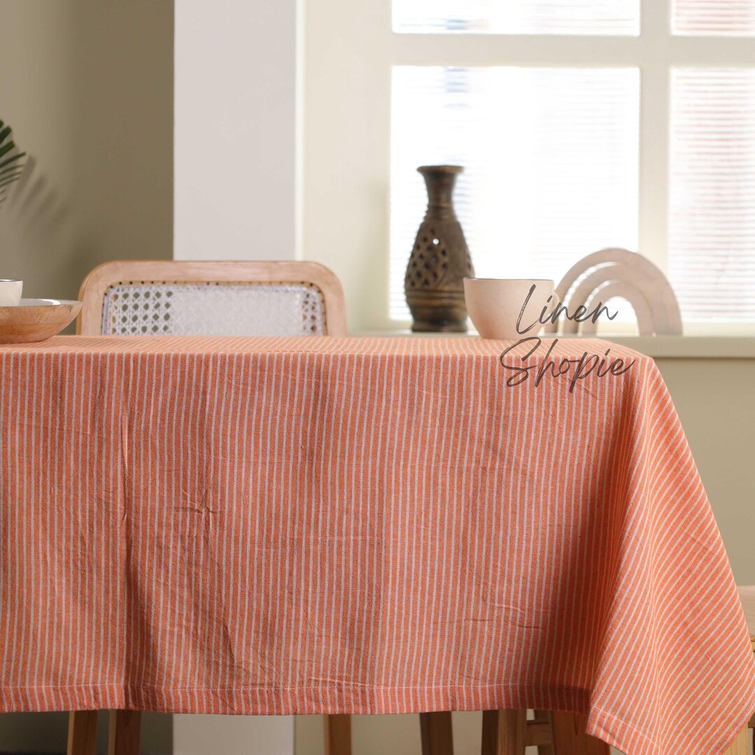 Boho Orange Base Gauze Linen Tablecloth. Stripe Custom Size Square ...