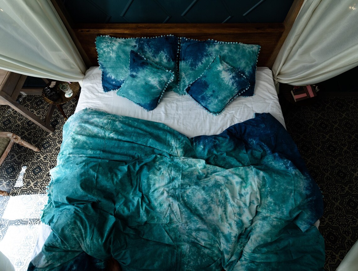 Boho Comforter Sea Blue Hand Dyed Cotton Duvet Covet With 2 Pillow ...