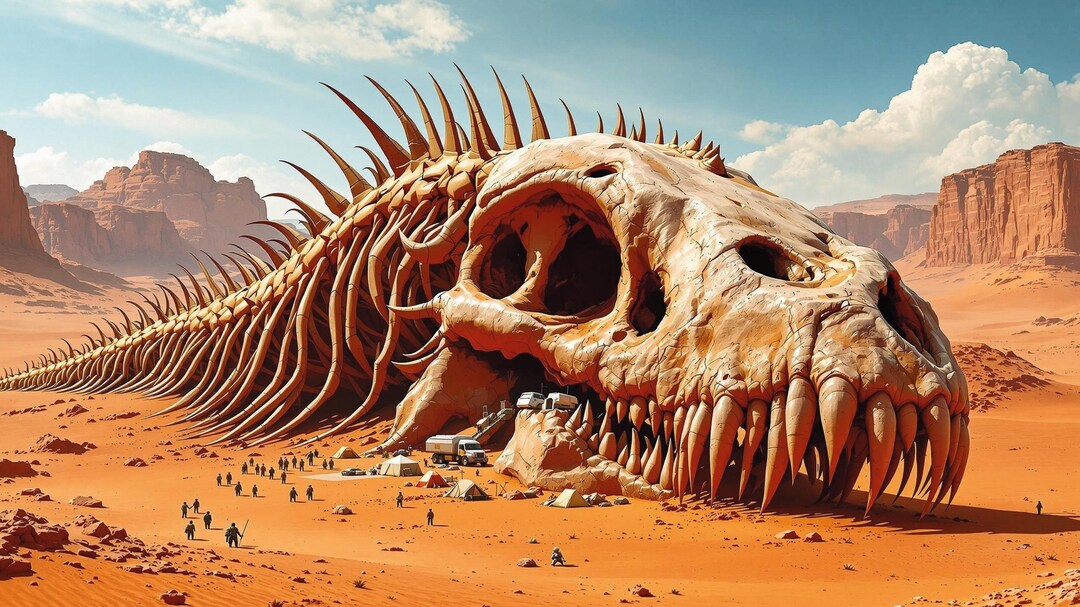 Ancient Titan Skeleton Digital Art – Sci-fi Desert Fossil Landscape ...