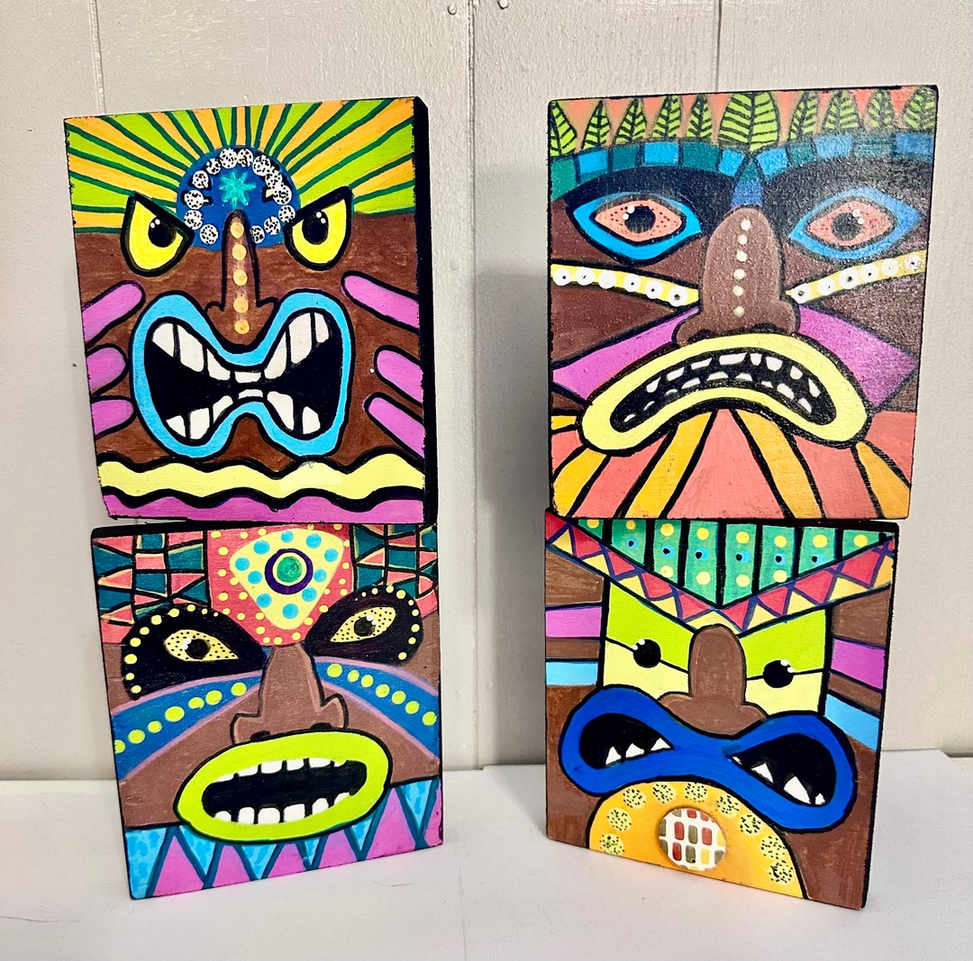 Tiki Heads Hand-painted Recycled Wood - 4pc Set - Etsy