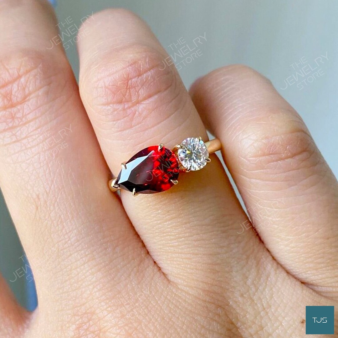 Two Stone Pear Cut Engagement Ring, Red Garnet Toi Et Moi Ring, Double ...