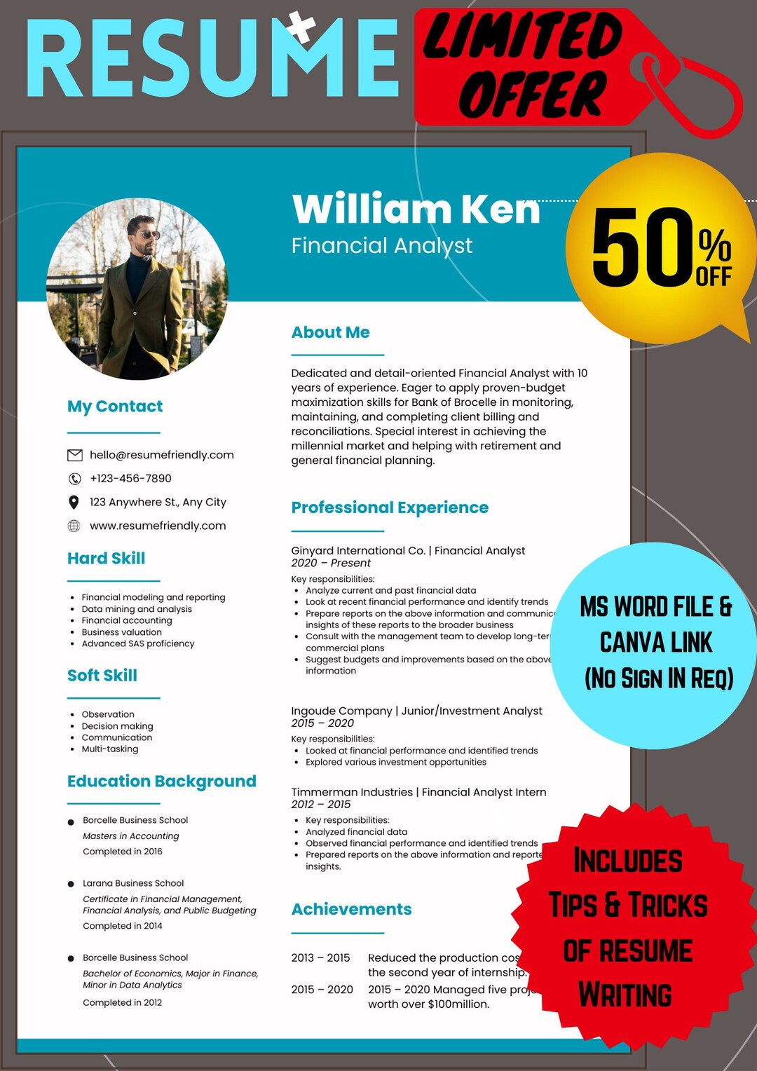 Resume Template With Photo, Cv Template Resume MS Word With Canva Link ...