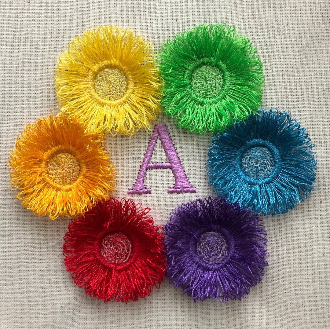 Ring Circle of 6 Fluffy Fringe Rainbow Flowers ( NO LETTER) Embroidery ...
