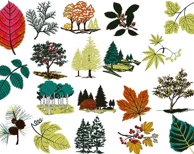 Tree & Leaves Set of 19 Embroidery Files 4 X 4 Inches 100 X 100mm Hoop ...