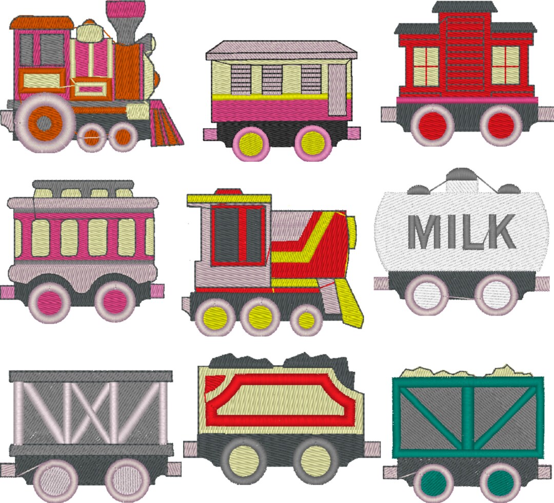 Train Set Railway Carriages Childrens Kids -set of 9 Embroidery Files ...