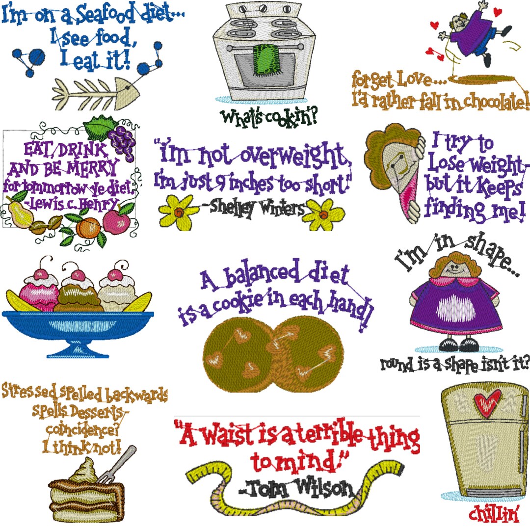 Diet Quotes Sayings Humorous -set of 12 Embroidery Files Fit 4 X 4 ...