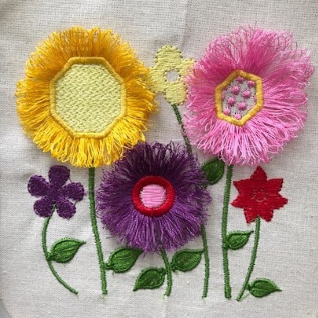 Flowers and Stems Leaves Fancy Fluffy Fringe Embroidery File 4 X 4 ...
