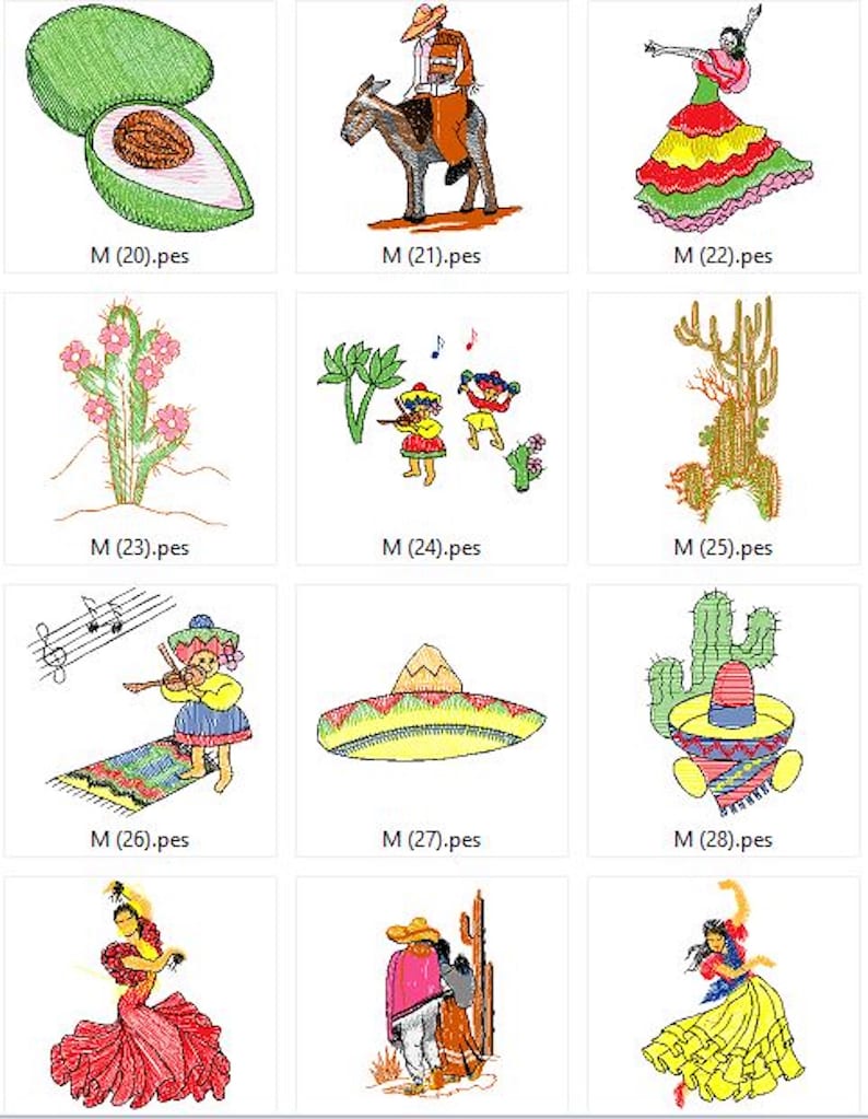 Mexico Mexican Spanish Set of 35 Embroidery Files - 4 X 4 Inches ( 100 ...