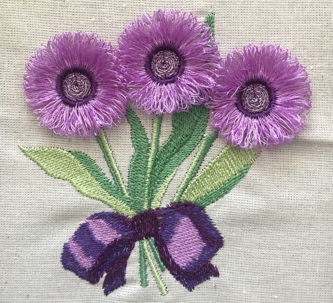 Bunch of Flowers Ribbon Leaves Fancy Fluffy Fringe Embroidery File 4 X ...
