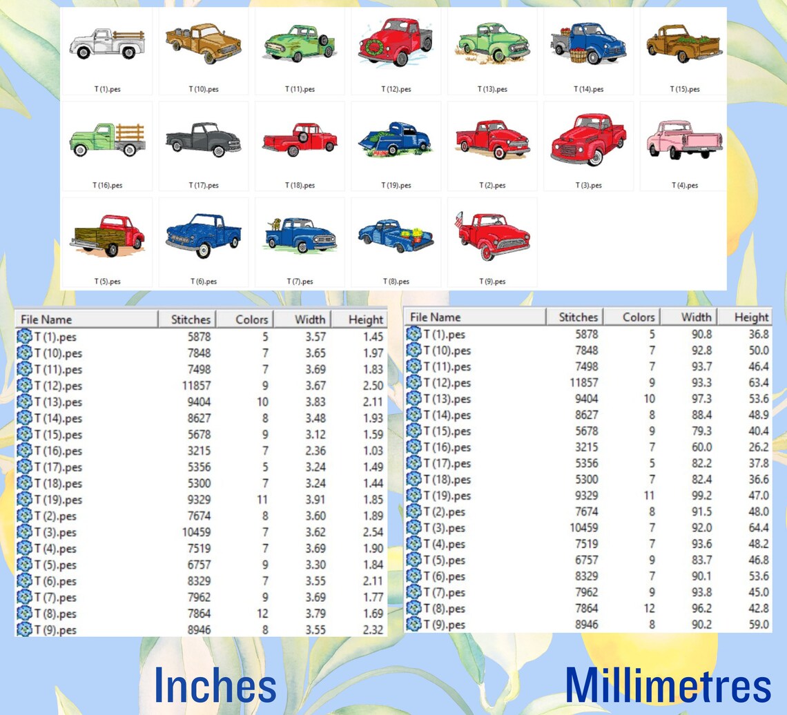 American Vintage Trucks Openback Vehicle Cars -set of 19 Embroidery ...