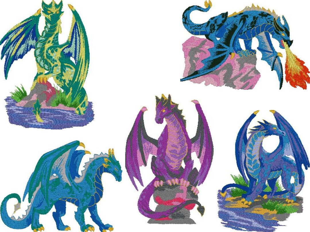Dragons Set of 5 in 3 Sizes Each - Embroidery Files X - Pes Dst Exp Jef ...