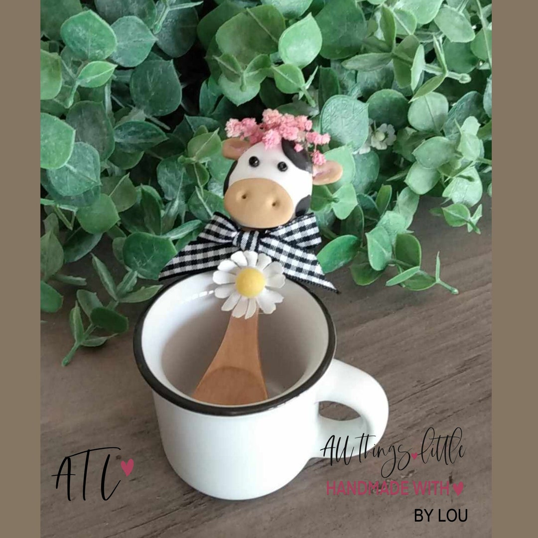 Mini Cow on a 4 Inch Wooden Spoon With Mini Mug | Tiered Tray Decor ...