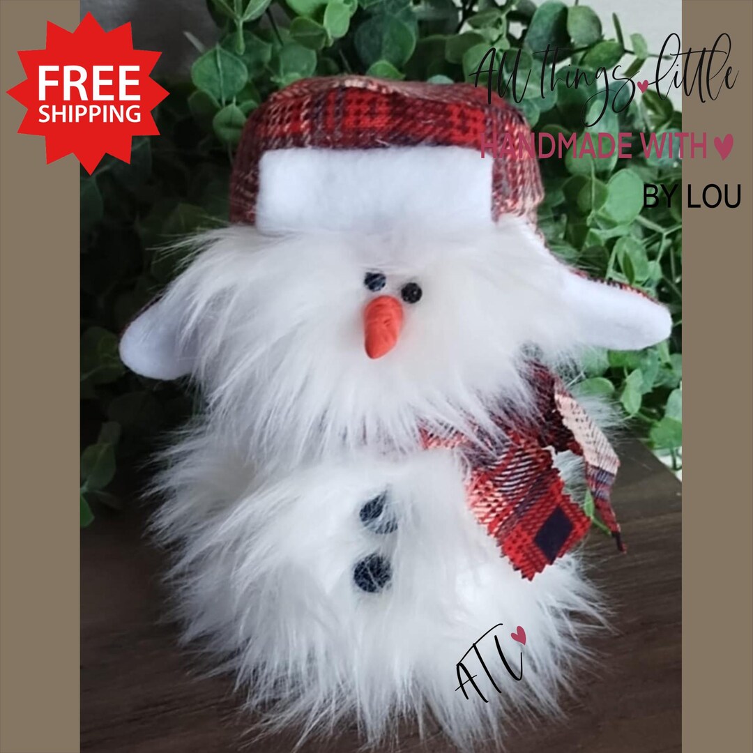 Fluffy Little Fuzzy Snowman With Hunting Hat Shelf Leaner/sitter Approx ...