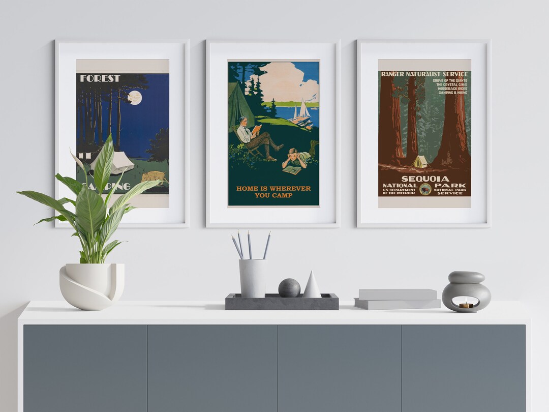 3 Piece Wall Art Retro Camping Adventure Masculine Wall Art Tryptic ...