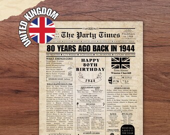 1944 UK 80th Birthday Newspaper Print United Kingdom 80th Birthday Gift ...