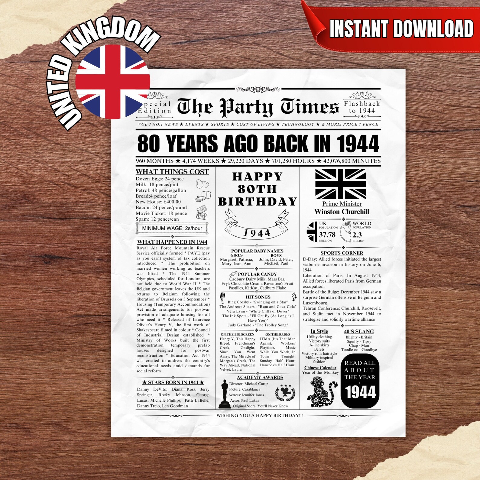 1944 UK 80th Birthday Newspaper Print United Kingdom 80th Birthday Gift ...