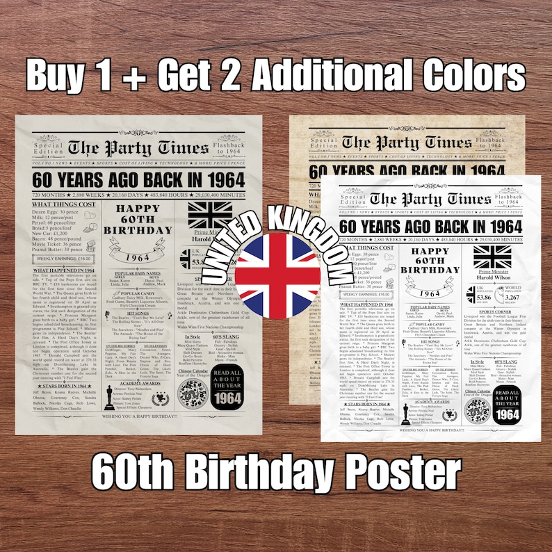 1964 UK 60th Birthday Newspaper Print United Kingdom 60th Birthday Gift ...