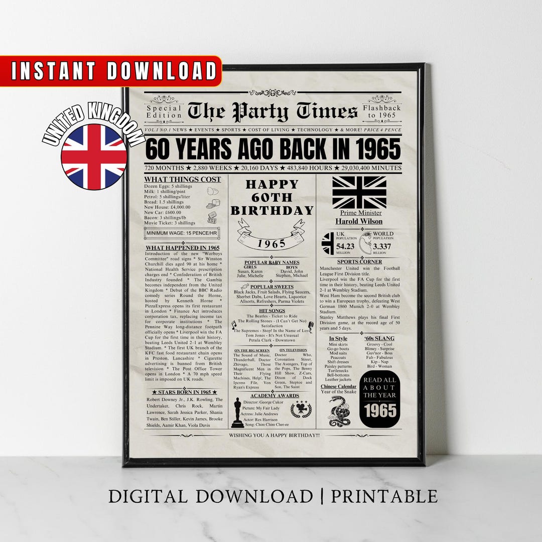 1965 UK 60th Birthday Newspaper Print, United Kingdom, 60th Birthday ...