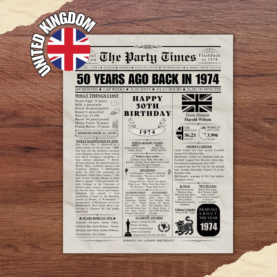 50th Birthday Newspaper 1974 UK 1974 Newspaper Poster BRITISH Facts 50 ...