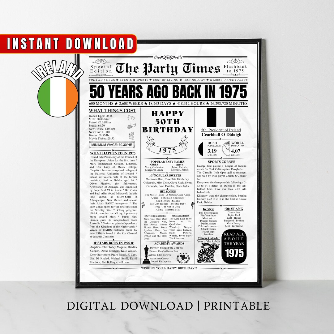1975 Irish 50th Birthday Newspaper Poster IRELAND Facts 50 Years Ago ...