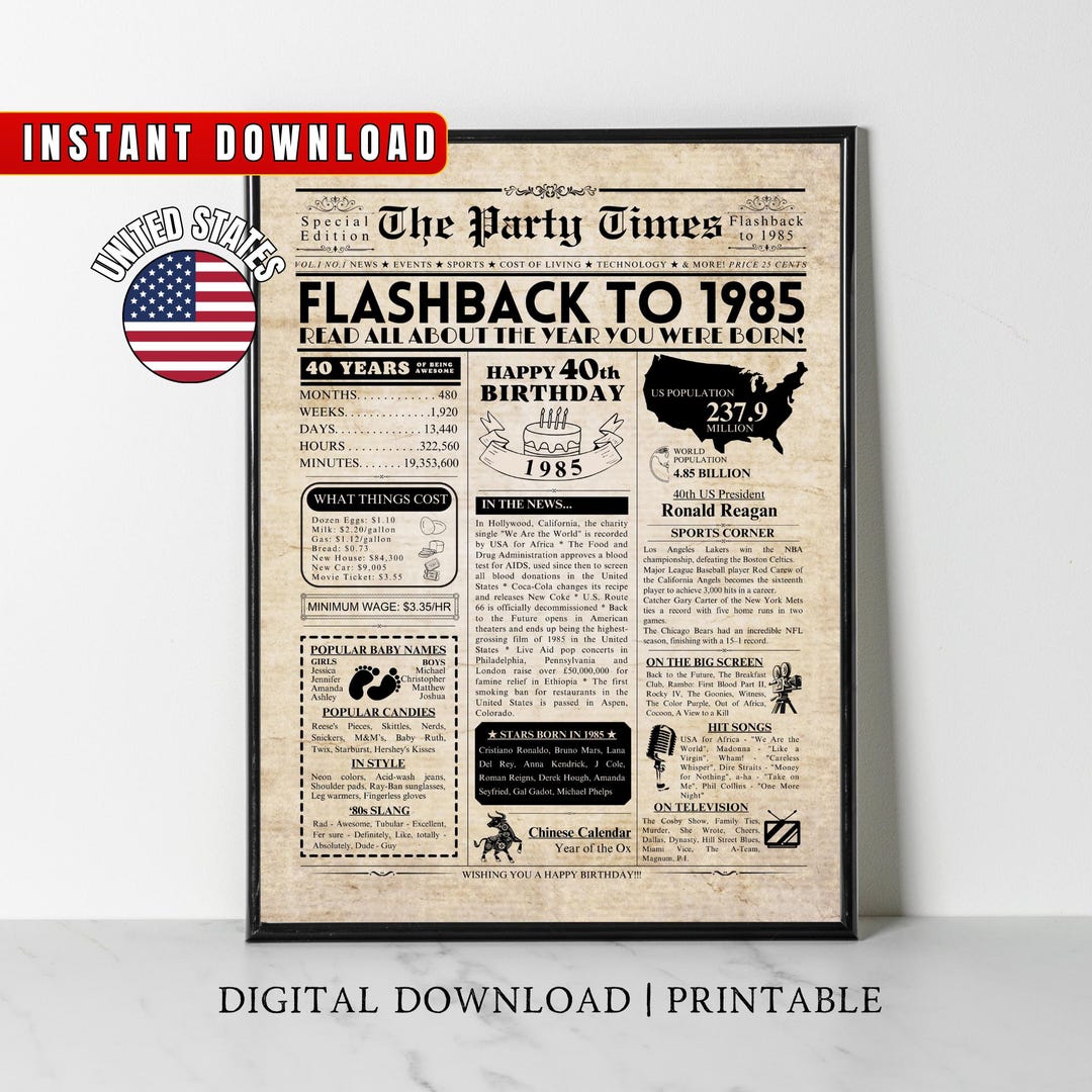 1985 USA 40th Birthday Newspaper Print American 40th Birthday Gift 1985 ...