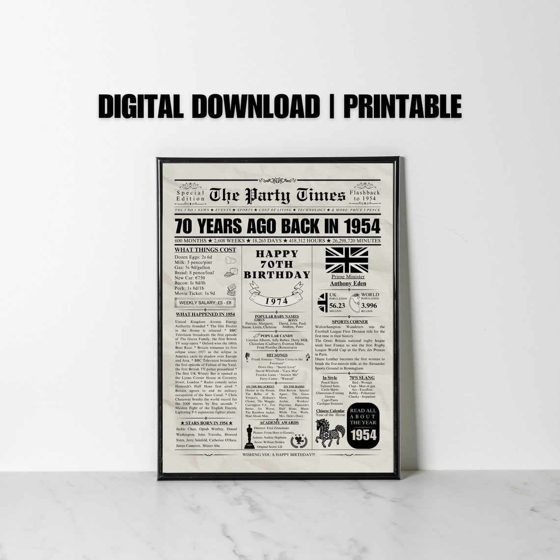 1954 UK 70th Birthday Newspaper Print United Kingdom 70th Birthday Gift ...