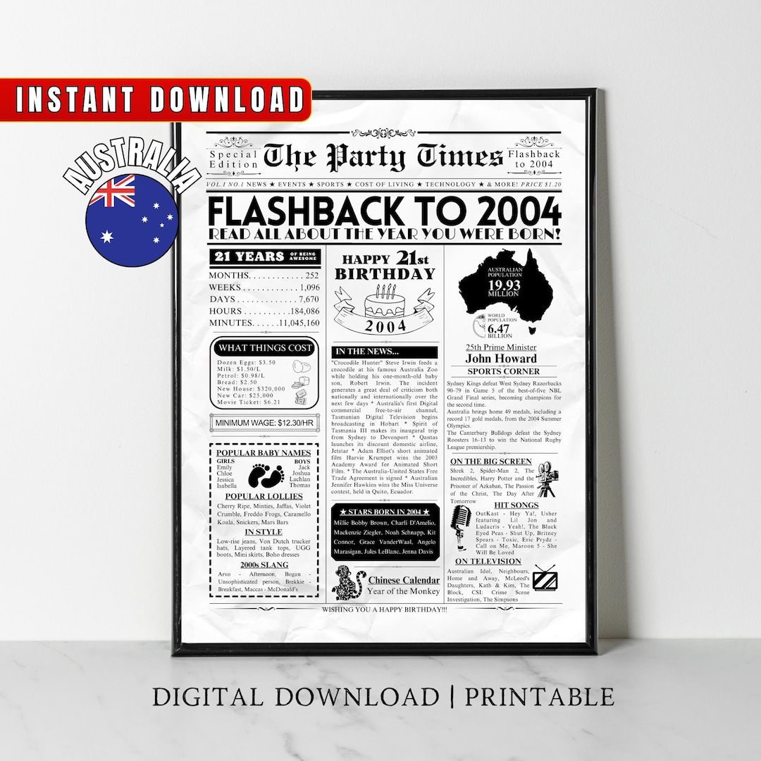 2004 AUSTRALIA 21st Birthday Newspaper Print Australian 21st Birthday ...