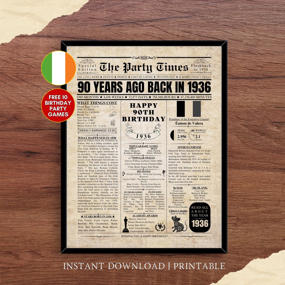 1936 Irish 90th Birthday Newspaper Poster IRELAND Facts 90 Years Ago ...